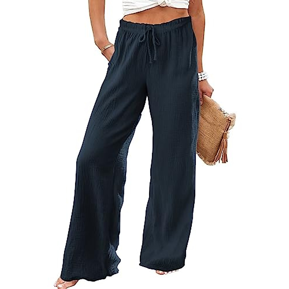 Acelitt Women's Casual Wide Leg Linen Pants Long Lounge Pant Lightweight High Waisted Trendyed Loose Fall Fashion 2023 Pants Long Lounge Pant Trousers Blue XL