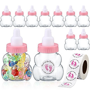 Threlaco 24 Pcs Baby Shower Candy Bottle Bear Candy Bottles 3.15 Inch Pink Shower Favor with Thank You for Showering Stickers Clear Plastic Milk Bottle Baby Shower Party Favor Gifts for Girl