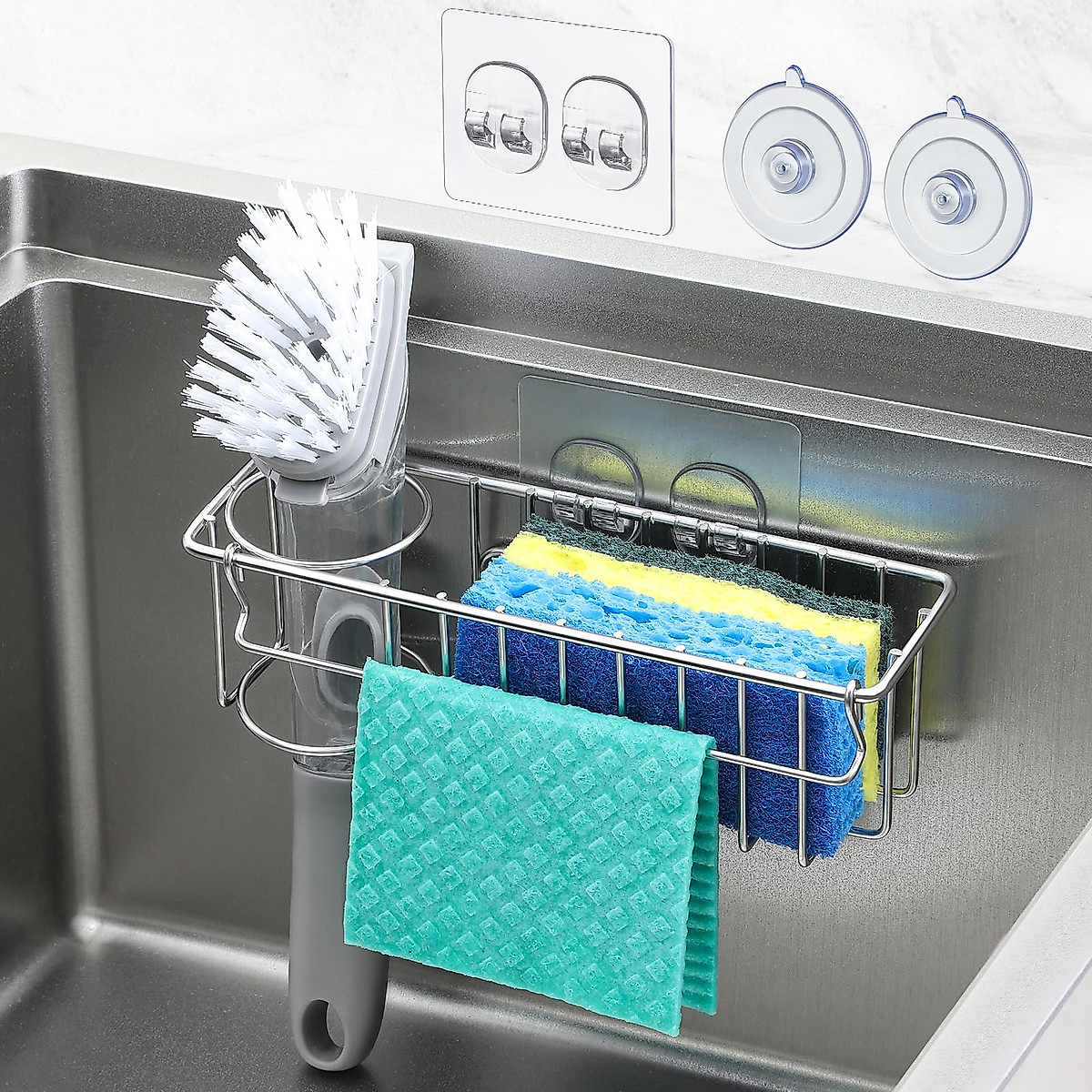 3-In-1 Sponge Holder for Kitchen Sink, 2 Type Suspension Options (Suction Cups & Adhesive Hook), Hanging Sink Caddy Organizer Rack - Sponge, Dish Cloth, Brush, Scrubber, Soap Tray, 304 Stainless Steel