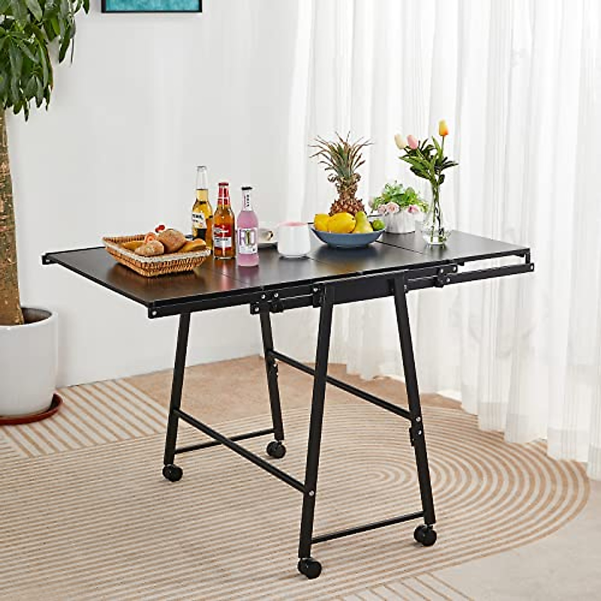 2-in-1 Convertible Shelf to Table with Wheels, Space Saving Storage Shelf or Dining Table, 4 Tier Shelving Unit Industrial Bookcase for Small Spaces, Kitchen, Dining Room and Living Room, Black