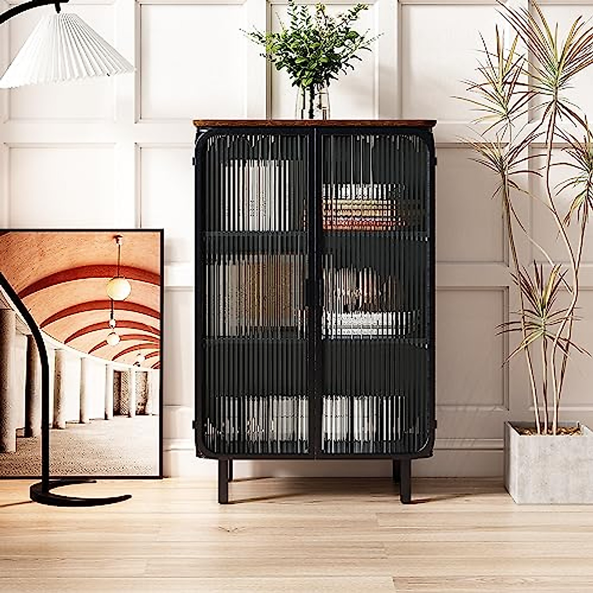 Aisurun 28.35" Modern Storage Cabinet Sideboard with 2 Glass Doors, Fir Top & 3 Storage Shelves for Entryway Living Room Home Office Dining Room, Black+Brown