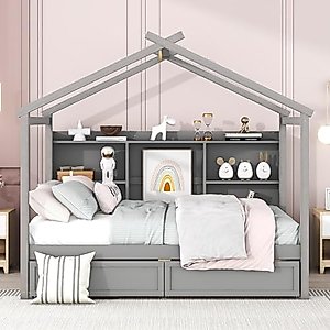 Yehha Full Size House Bed with Storage Shelves and 2 Drawers, Multifunctional Storage Wooden Bed for Boys & Girls Bedroom, Small Space, No Box Spring Needed/Wood Slats Support, Easy Assembly, Gray