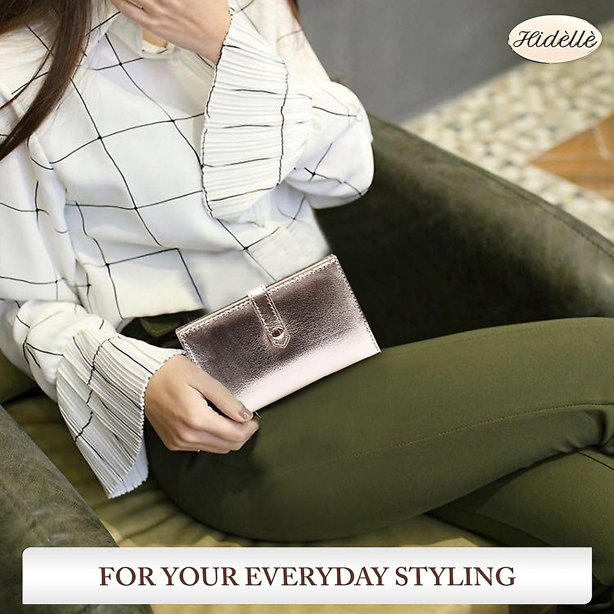 Hidelle Foil Leather Bi-Fold Women Wallet, Purse with Cards Holder and Button Closure Handbag, (Light Gold)