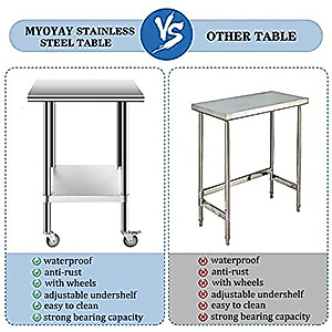 MYOYAY Stainless Steel Table for Prep & Work 24 x 24 x 36 Inches NSF Metal Commercial Table with Adjustable Under Shelf Heavy Duty Work Table with Wheels for Restaurant, Home and Hotel
