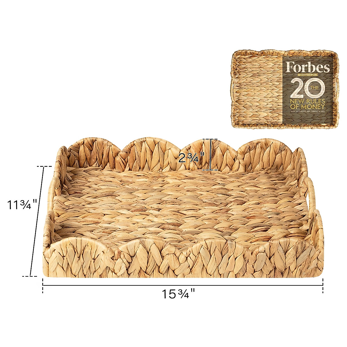 StorageWorks Scalloped Tray, Wicker Tray with Handles, Woven Square Rattan Tray, Scallop Basket Table Décor Trays, Water Hyacinth Rattan Serving Tray for Ottoman Decorative and Organizer Trays
