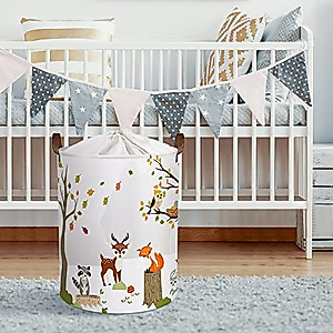 Clastyle 45L Woodland Animals Laundry Basket Collapsible Waterproof Forest Fox Storage Basket with Handle Kids Room Jungle Deer Laundry Hamper with Drawstring, 14 * 17.7 in