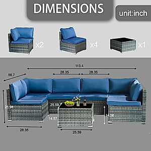 Generic 7-Piece Patio Furniture Set Wicker Sectional Outdoor Sofa Set with Coffee Table and Pillows, All Weather Assembled Patio Furniture for Apartment, Garden, Backyard and Poolside (Grey-Blue)