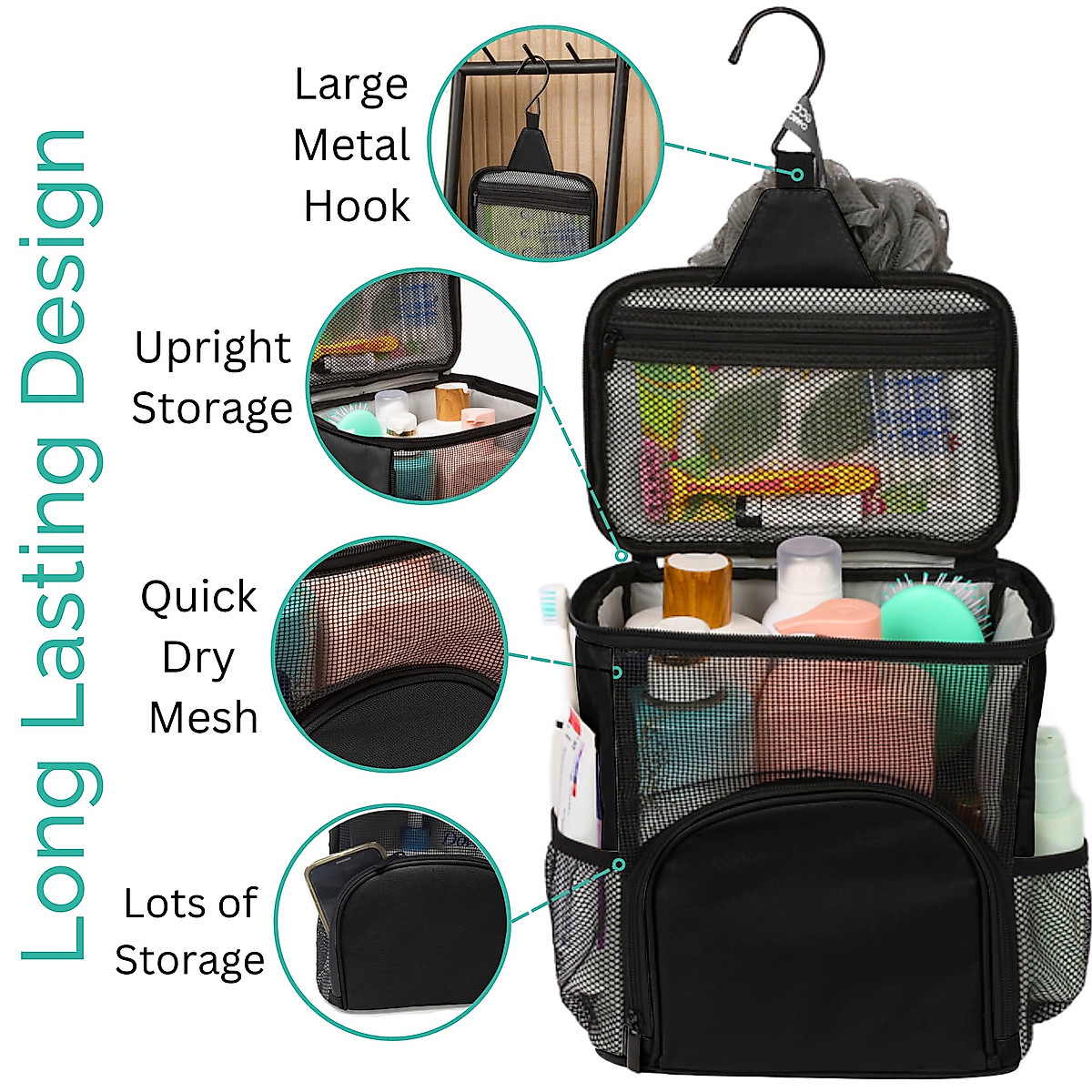 TERRA HOME Portable Shower Caddy For College Dorms - Foldable Mesh Tote - Dorm Room Essentials - Durable Hanging Travel Shower Bag - Perfect for College Students, Men, Women (Black)