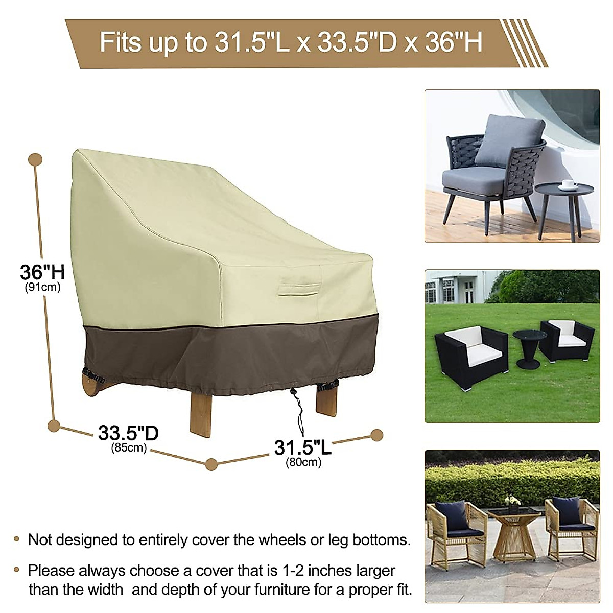 LBW Patio Waterproof Lounge Chair Cover,420D Outdoor Furniture Covers with Air Vent and Attachment Strap for Garden,Patio,Home,30.9" D x 33.26''L x 36'' H, Beige&Coffee