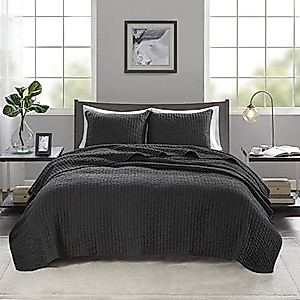 Madison Park Keaton Quilt Set-Casual Channel Stitching Design All Season, Lightweight Coverlet Bedspread Bedding, Shams, Full/Queen(90"x90"), Stripe Black