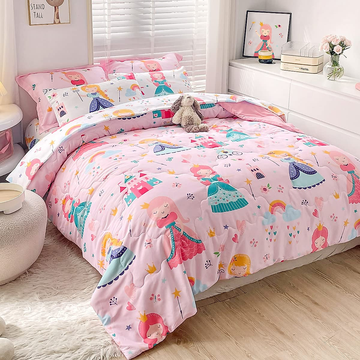 Wajade Kids Pink Princess Comforter Set Bed in A Bag Full Size 7 Piece Princess Fairy Tales Castle Bedding Set for Girl (1 Comforter, 1 Flat Sheet, 1 Fitted Sheet, 2 Pillowcase and 2 Pillow Sham)