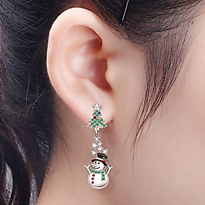 Christmas Tree Snowman Earrings for Women Sterling Silver Tree with Star Holiday Dangle Drop Earrings Winter Colorful CZ Xmas Gift