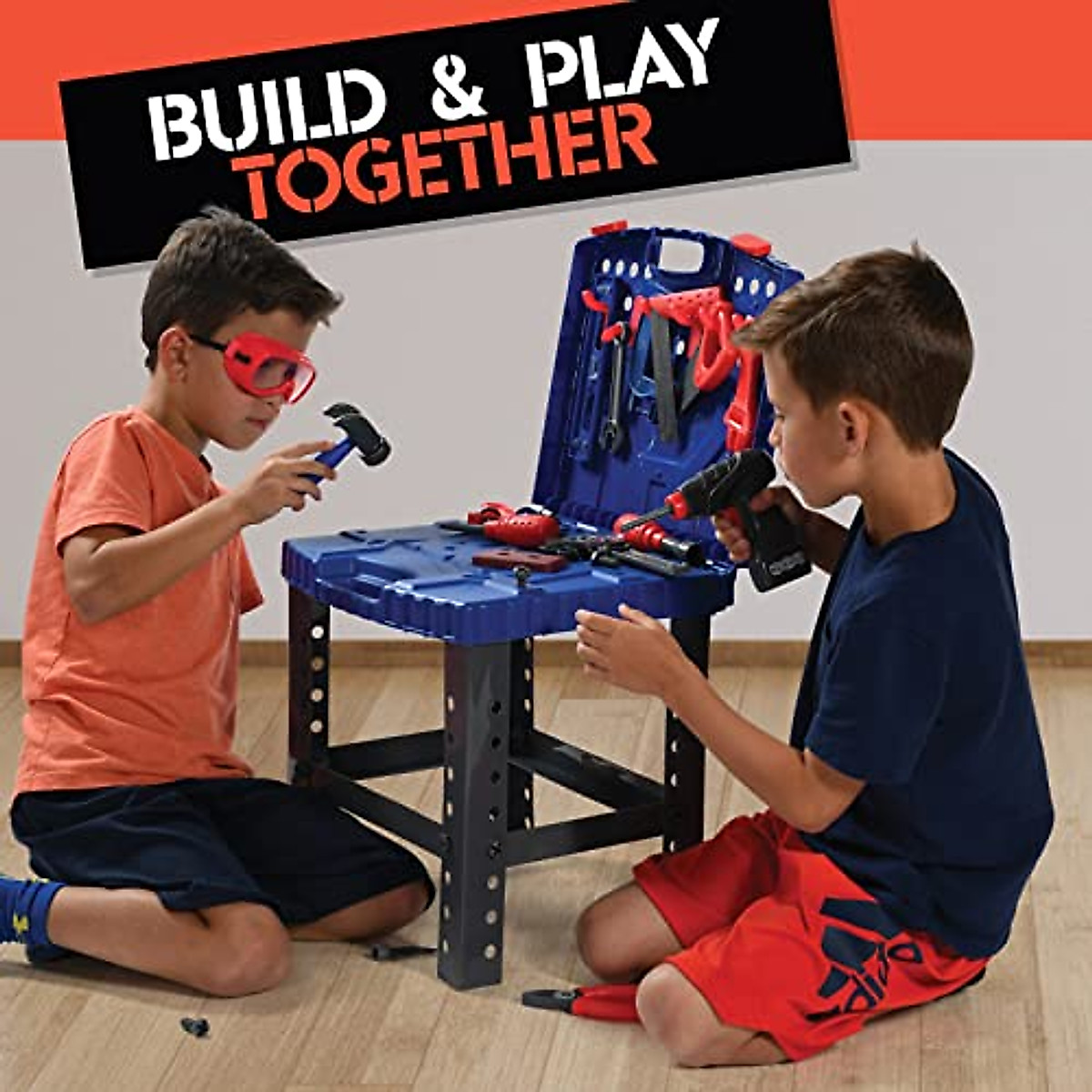 Play22 Kids Tool Set Bench 76 Pc - Toddler Tool Bench Set with Electronic Play Drill - STAM Educational Toy Pretend Play Construction Work Shop - Preschool Toy Gift for Kids Children Boys and Girls