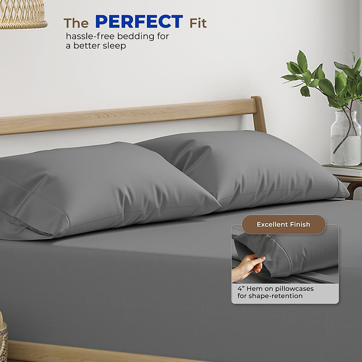 THREAD SPREAD 100% Egyptian Cotton Pillow Cases - 1000 Thread Count Pillow Cases Queen/Standard Size Set of 2, Soft, Breathable Extra Long Staple Sateen Weave Cotton Pillow Cover for Bed - Dark Grey