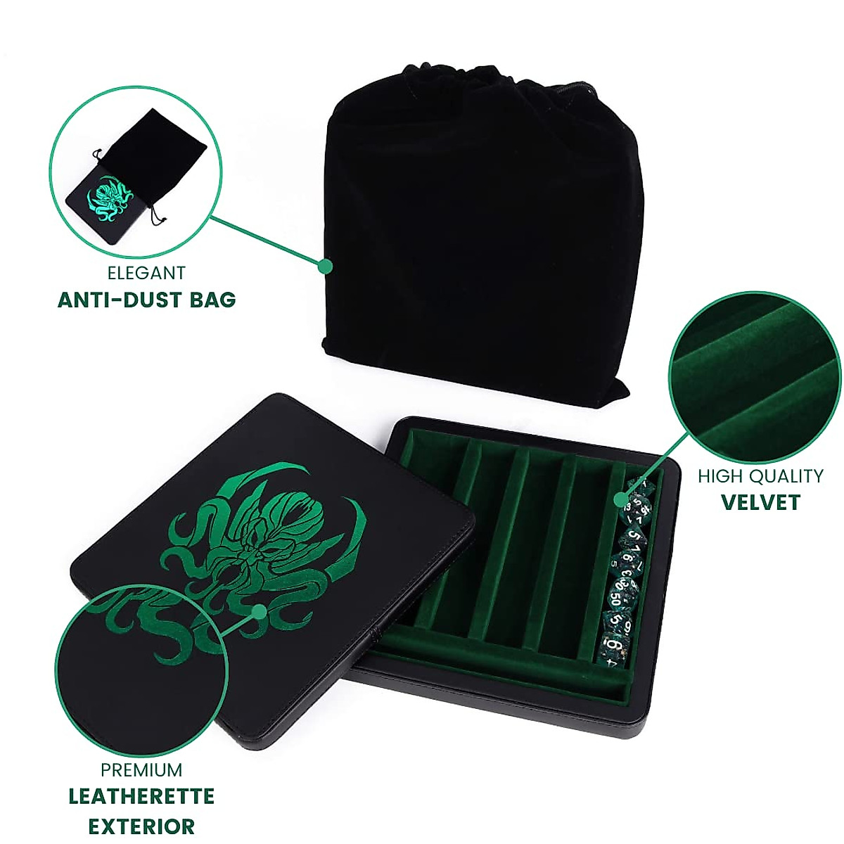 Guarida Dice - 7" Rolling Dice Tray with Strong Magnetic Lid and Rolling Surface - Ample Storage and Case Organizer for All Your Dice and Minis! Perfect for DND or Any Dice RPG Games - Green Cthulhu