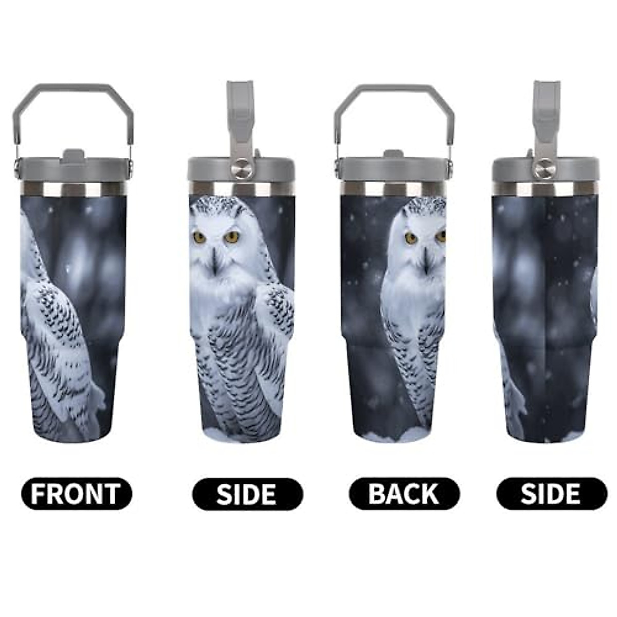 30oz Stainless Steel Insulated Tumbler with Flip Lid & Straw, Leakproof Travel Mug for Car, Arctic Owl Double Wall Vacuum Thermal Coffee Cup with Handle, Spill-Proof Design for Hot/Cold Drinks