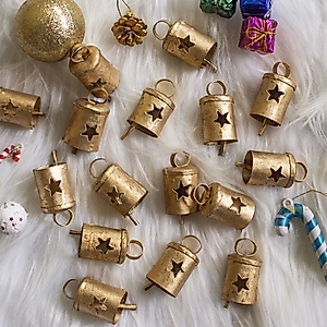DIYANA IMPEX 12 Vintage Indian Tin Bells Rustic Chime Vintage Jingle Bell Wedding Patio Cow Bells Christmas Tree Crafts Decoration Rounded Top Wind Chime Noah (12, Gold)