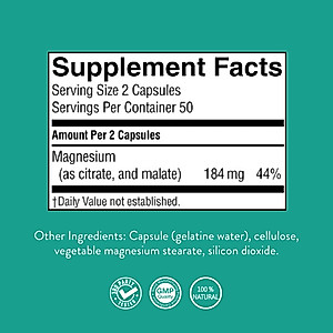 Nature’s Sunshine Magnesium Complex - High Potency Magnesium Supplement with Citrate & Malate for Relaxation, Optimal Absorption, Muscle Function, Energy Production - 50 Servings (100 Capsules)
