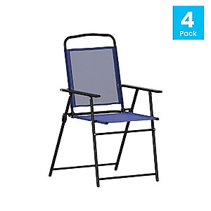 Flash Furniture Mystic Folding Patio Sling Chairs, Outdoor Textilene Lawn Chairs with Armrests, Set of 4, Navy