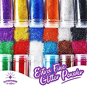 12 Pieces Fine Glitter, FANDAMEI 12 Colors 10g Glitter Shake Jar Set, Extra Fine Glitter Powder for Arts, Crafts, Painting, Decoration, Body Face Makeup, Nail Art, Pigment
