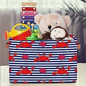 YoCosy Large Storage Baskets for Organizing Shelves Ocean Crab Navy Blue Stripe Nautical Foldable Cube Storage Bins with Handles Rectangle Fabric Closet Organizers for Home Toys Clothes, 1 Pack