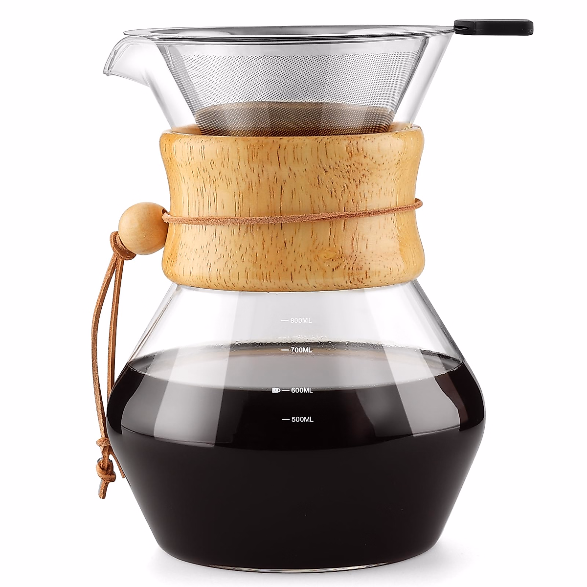 COPOTEA Pour Over Coffee Maker with Double Layer Stainless Steel Filter, 28oz / 800ml Coffee Dripper Brewer, High Heat Resistant Carafe, Wooden Collar Coffee Carafe