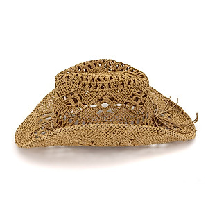 Womens Fashion Beach Straw Sun Hat UV Protection Wide Brim Western Cowboys Hand Straw Hats Khaki