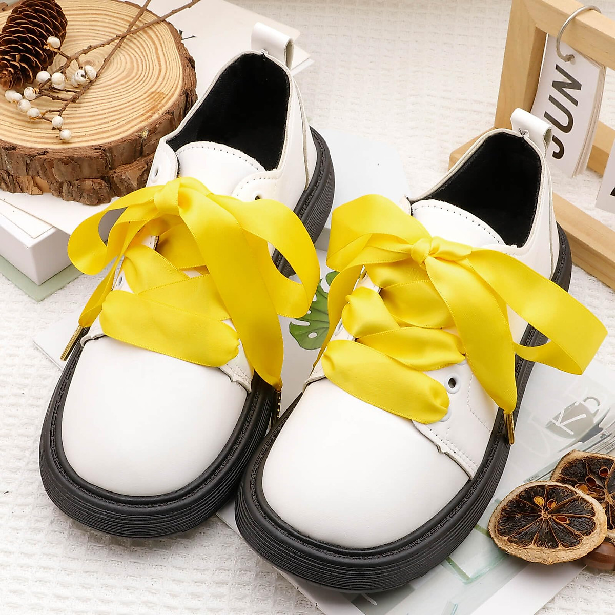 WEGOODZF Ribbon Satin Sneakers Shoelaces: 2 Pair 22mm Wide 47 inch Yellow + Gold Metal Tips Flat Silk Shoe Laces