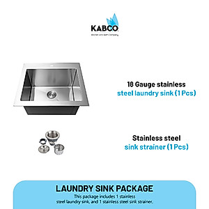 KABCO KLA01SS 25 Inch Wide 12 Inch Deep Commercial Sink 18 Gauge Undermount or Topmount Drop In Single Bowl Stainless Steel Laundry Utility Sink with Kitchen Sink Strainer 25x22x12 Inch