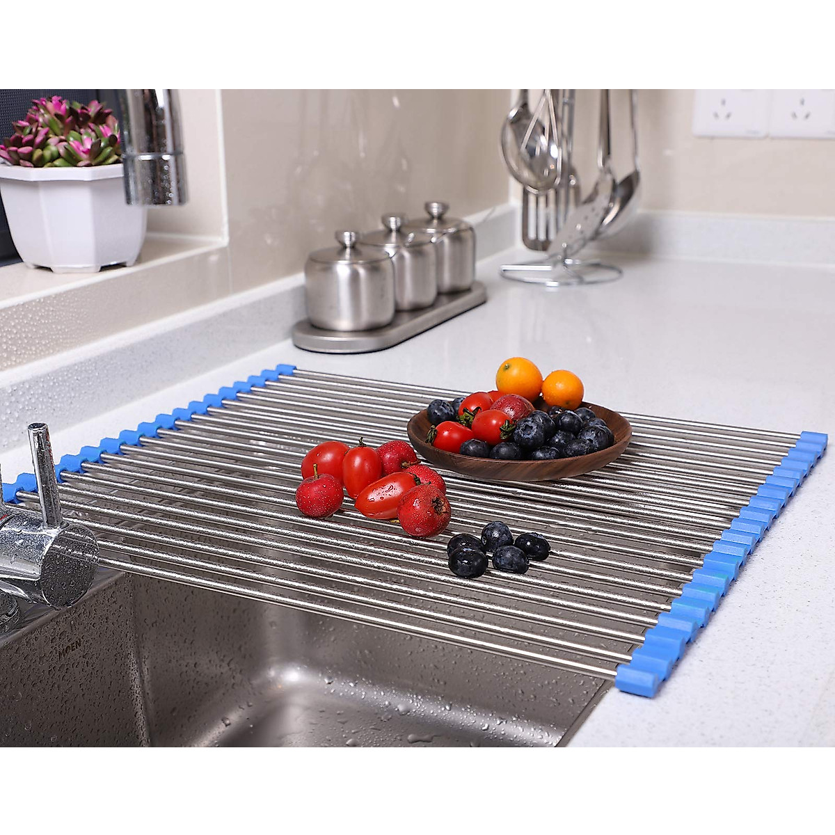 Ahyuan 17.8''x16'' Roll up Dish Drying Rack Over The Sink Dish Drying Rack 304 Stainless Steel Dish Rack Foldable Dish Drainers for Kitchen Sink Counter (Blue)