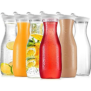 DilaBee Plastic Water Pitcher With Lid (6-Pack, 32 Oz) Round Carafe Pitchers for drinks, Milk, Smoothie, Iced Tea, Mimosa Bar Supplies - Juice Containers with Lids for Fridge - Food Grade BPA-Free