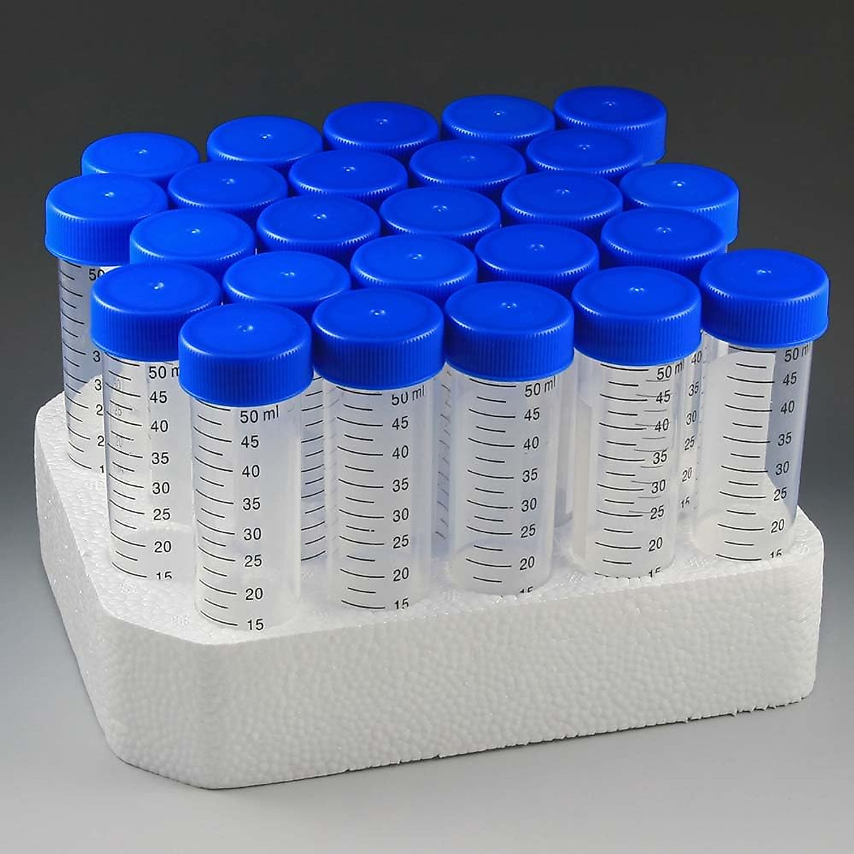 Globe Scientific 6289 Polypropylene Centrifuge Tube with Attached Blue Flat Top Screw Cap, Sterile, Printed Graduation, Rack Pack, 50mL Capacity (Case of 500)