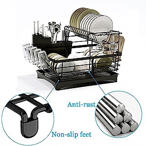 MontNorth Dish Drying Rack for Kitchen Counter, Large Rust-Proof Dish Strainer with Drainboard,2 Tier Dish Drainers with Utensil Holder, Cups Holder,Space-Saving, Easy to Assemble,Black