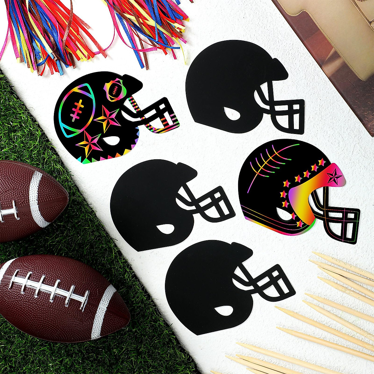 Syhood 64 Pcs Football Scratch Paper Crafts Kit Football Helmet Scratch Cards Ornaments with Wooden Stylus and Ribbons for Adults Crafts Painting Party Supplies