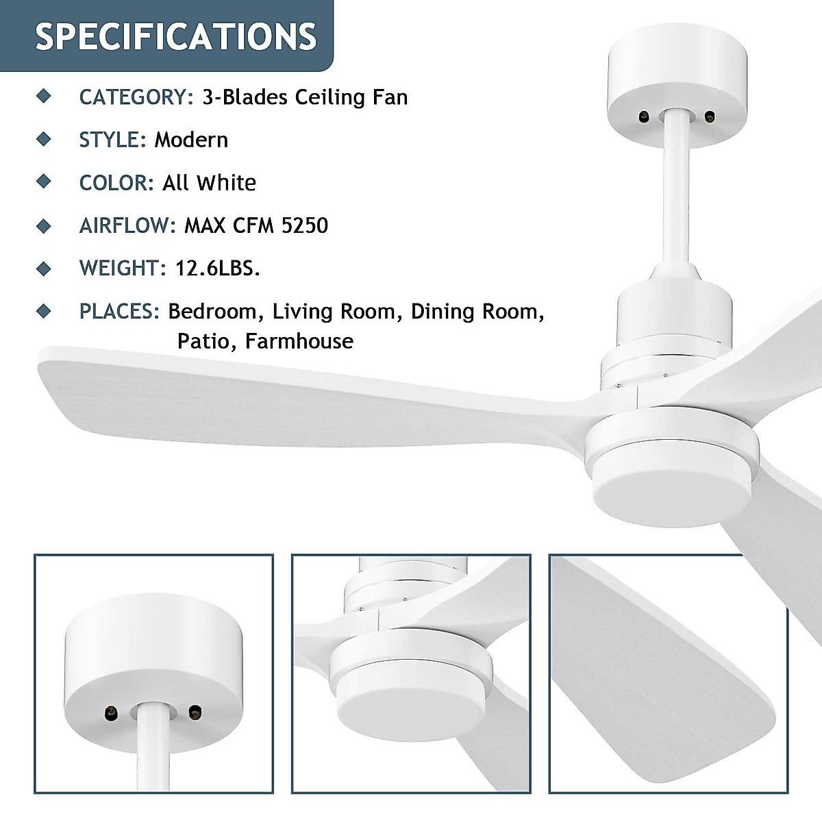 CLUGOJ 52" White Ceiling Fans with Lights Remote Control, Indoor Outdoor Wood Modern Ceiling Fan Noiseless Reversible DC Motor