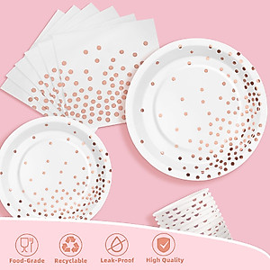 Gudvilla 200PCS Rose Gold Plates and Napkins Party Supplies,Rose Gold Party Decorations Serve 50 Guests,Gold Polka Dots Paper Plates for Retirement Wedding Decorations-Rose Gold Birthday Plates