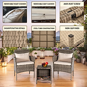 Tappio 3 Piece Patio Conversation Bistro Set, Porch Balcony Furniture Set Outdoor Chat Furniture, Wicker Chairs and Storable Table Set for Yard Balcony Backyard Apartment, Gray/Beige