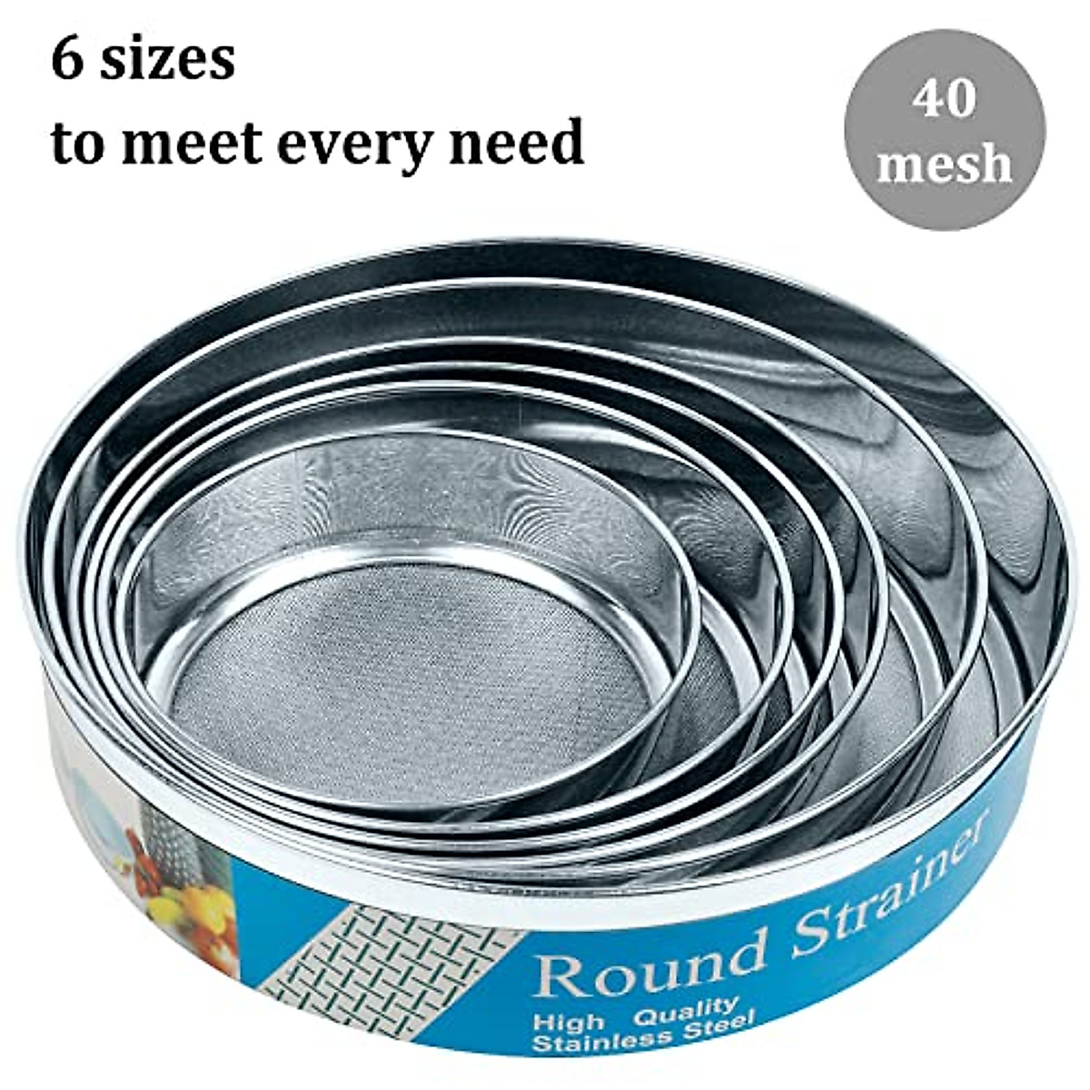6 Pieces Stainless Steel Round Sifter 40 Mesh Sieve Fine Mesh Round Flour Sieve for Bake Decorate Cakes, Pies, Pastries, Cupcakes