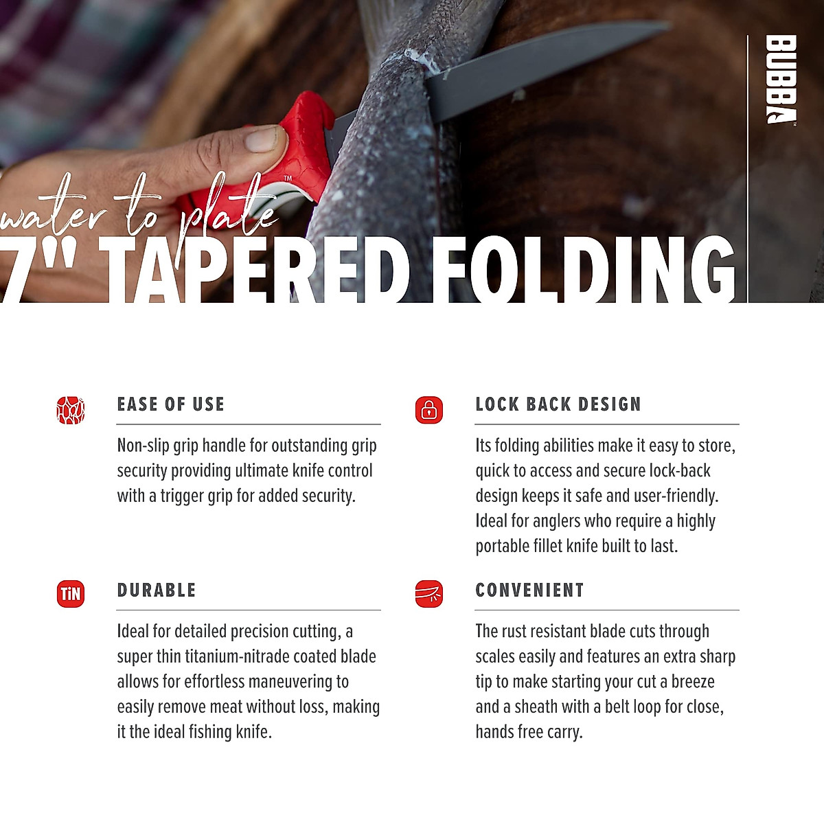 BUBBA 7" Tapered Flex Folding Knife with Non-Slip Grip Handle, Offset Full Tang Stainless Steel Blade, Lanyard Hole and Synthetic Sheath for Fishing