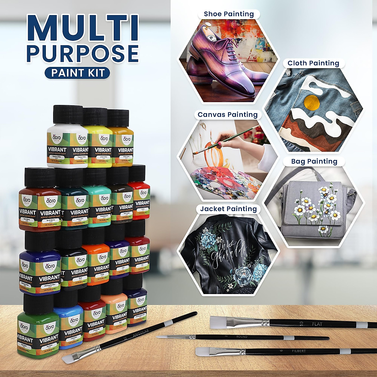 Acrylic Leather Paint for Shoes - 18 Color Acrylic Leather Paint Kit With 5 Paint Brushes (Deglazer and finisher not Included) - Great Repair Finisher For Shoes, Sneakers, Couches, Bags, Car Seats, Wallets, Jackets