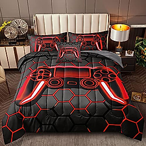BDUCOK 6 Piece Gamer Comforter Sets Bed in A Bag for Boys Teen Kids,Honeycomb Gaming Bedding Sets Gamepad Comforter Microfiber Bed Set for All Season Gamer Home Decor(Green, 6 Piece Sets30023-Queen)