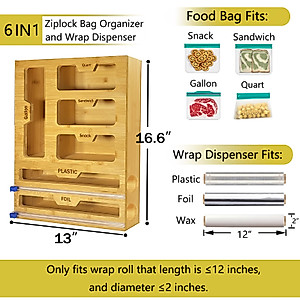 HILELIFE Bamboo Ziplock Bag Organizer for Drawer, Foil and Plastic Wrap Organizer, 6 In 1 Plastic Bag Organizer for Drawer, Baggie Organizer for Drawer
