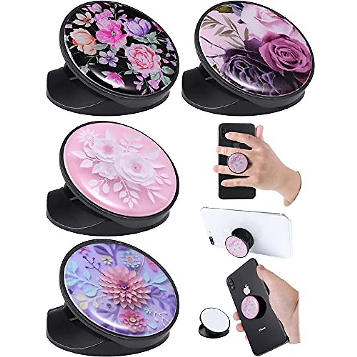 4 Pieces Paper Flowers Phone Grip Holders Flower Pattern Finger Expanding Stand Holder Expanding Grip Widely Compatible with Most Phones and Cases Collapsible Grip for Phones and Tablets
