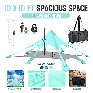 Watato Beach Tent Canopy Pop Up Shade Sun Shelter 10x10ft Portable Family Sunshade UPF50+ with 8 Sandbags-2 Sand Shovel-Easy Foldable Pole-Pole Anchor-Ground Pegs-Carrying Bag for Outdoor Camping