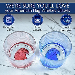 Greenline Goods American Flag Decor USA Glasses - With Patriotic Eagle - (Set of 2) 10 Oz Tumbler Set - America Themed Whiskey Set - Colored 3D Eagle Heavy Glass Base