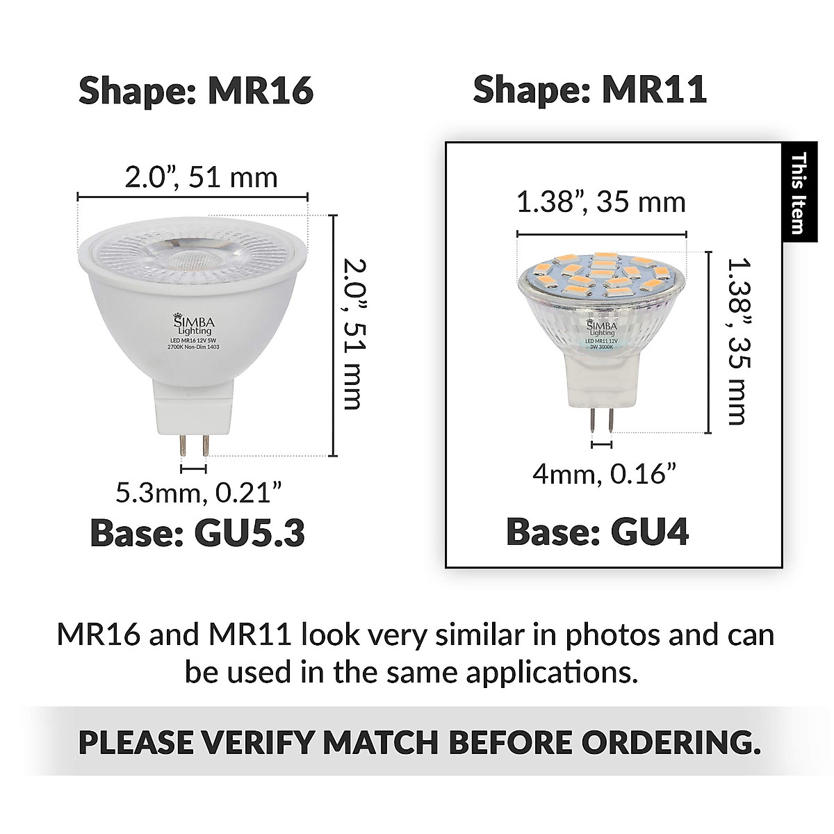 Simba Lighting LED MR11 Flood Light Bulbs (4 Pack) 12V 3W 20W Halogen Replacement 2-Pin 240lm for Landscape, Accent, Track Lights, and Christmas Tree Fiber Optics, GU4 Bi-Pin Base, 3000K Soft White