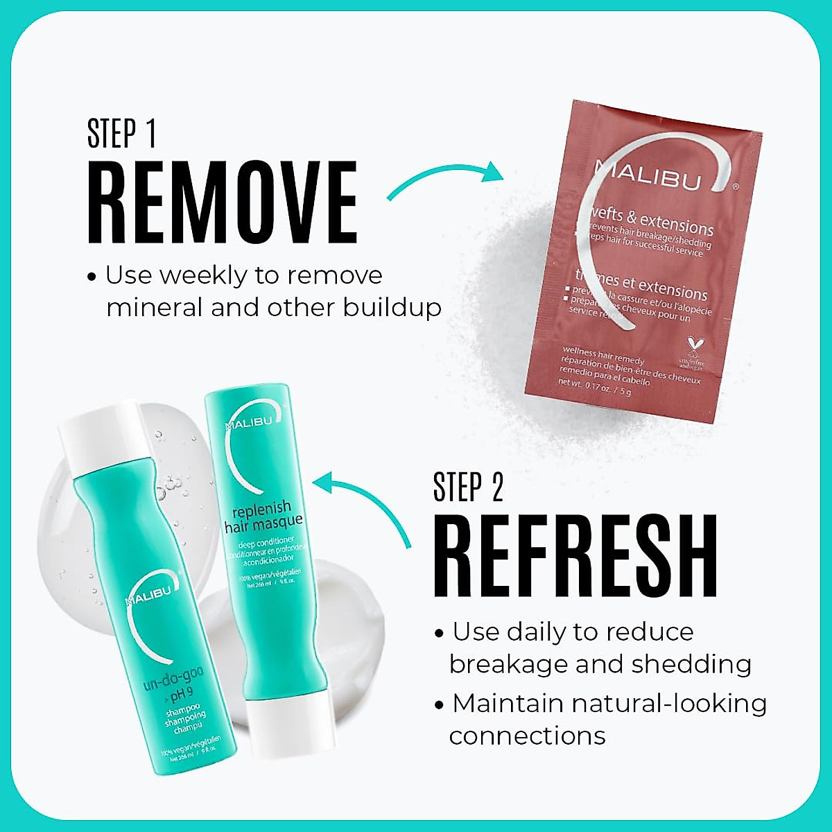 Malibu C Wefts & Extensions Wellness Hair Remedy (1 Packet) - Removes Build Up + Prevents Hair Breakage - Prepares Natural Hair for Hair Extension Application