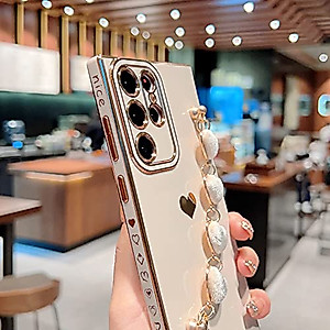 VANIPUFF Samsung Galaxy S23 Ultra 5G 6.8" Case - Luxury Heart Bracelet, Cute Love Hearts Cover, Camera Protection, Shockproof Bumper (White)