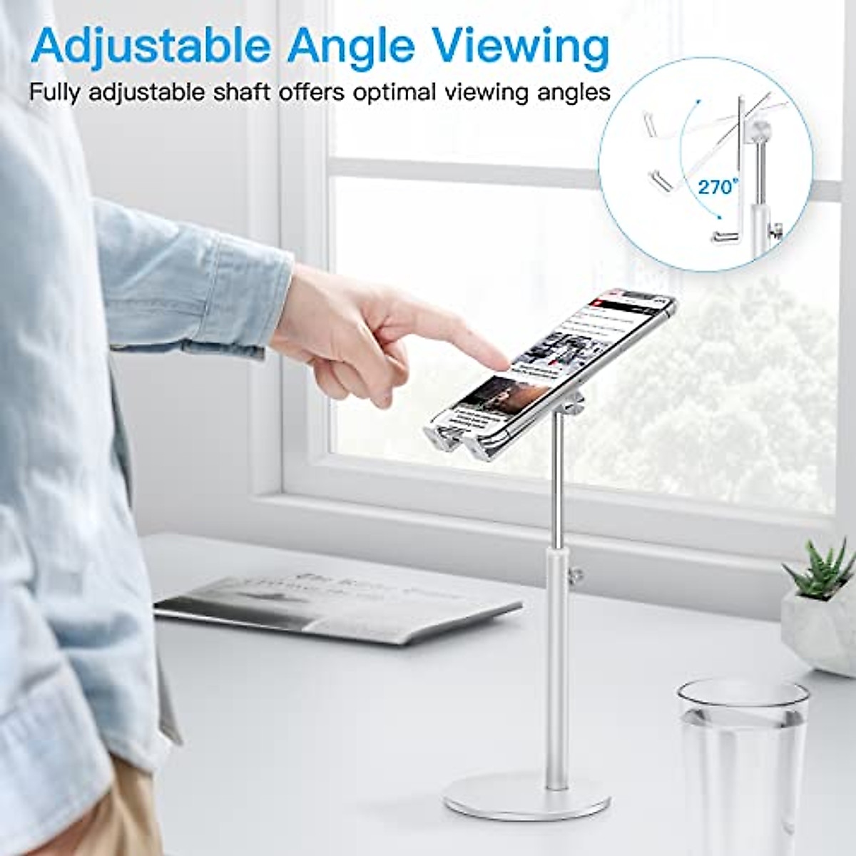 Cell Phone Stand, OMOTON Angle Height Adjustable Phone Holder, Aluminum Desktop Phone Dock for Desk, Compatible with iPhone 13/Mini/Pro/Max, All Smartphones and Tablets(4-11''), Silver