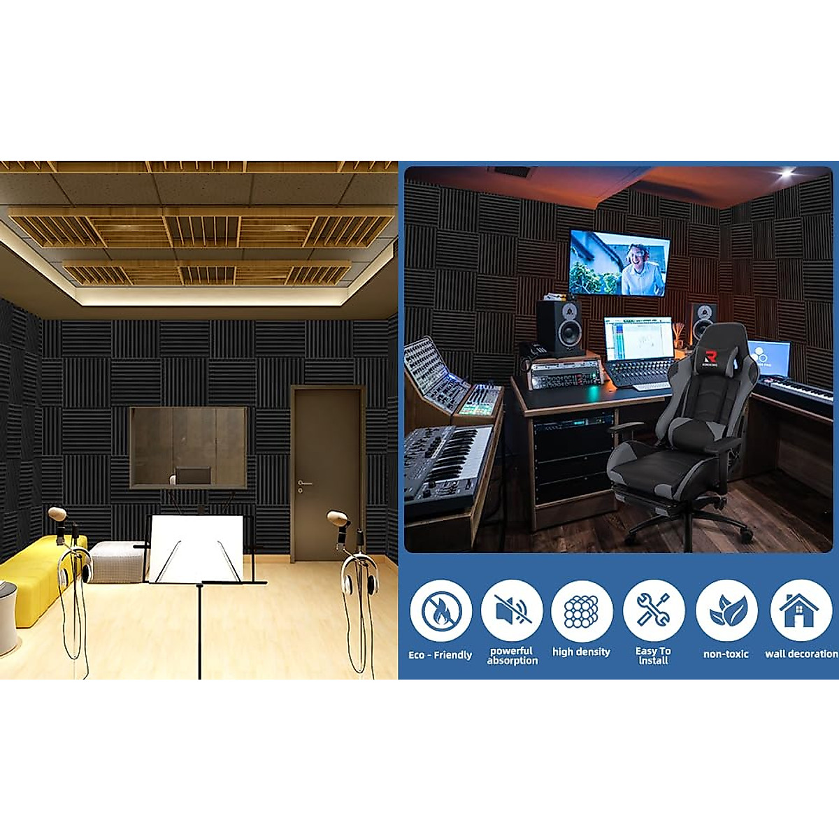 50 Pack Acoustic Foam Panels Premium Sound Proof Foam Panels Black Soundproof Wall Panels High Density Acoustic Panels Sound Absorbing for Studio Office Home, 12 x 12x 1Inch